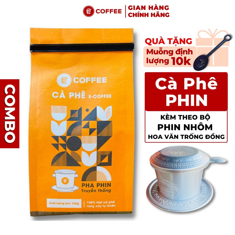 COMBO Cafe phin E-Coffee 250gr và 01 phin nhôm hoa văn Trống Đồng Trung Nguyên - E-Coffee Việt Nam